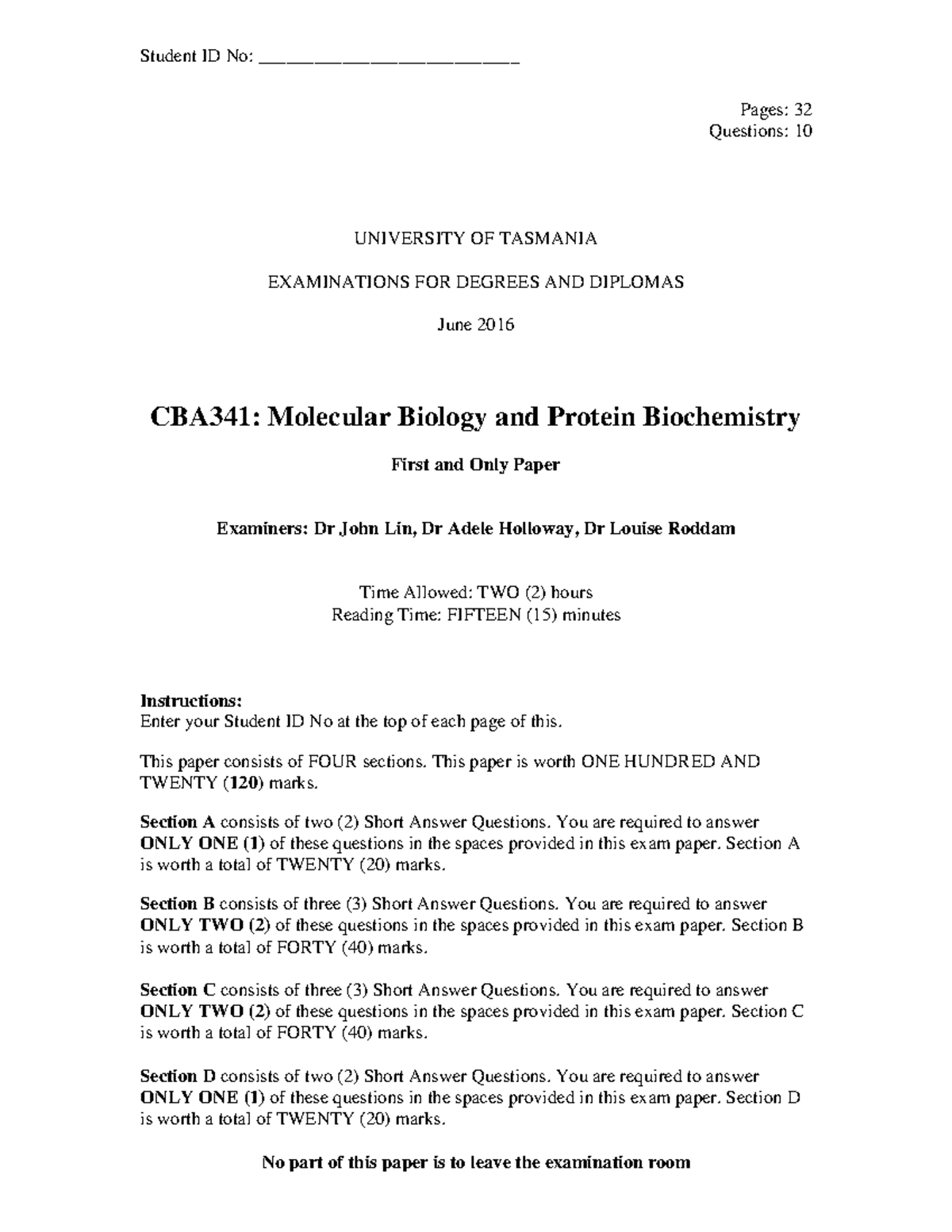 Exam June 2016, questions - Student ID No: Pages: 32 Questions: 10 ...