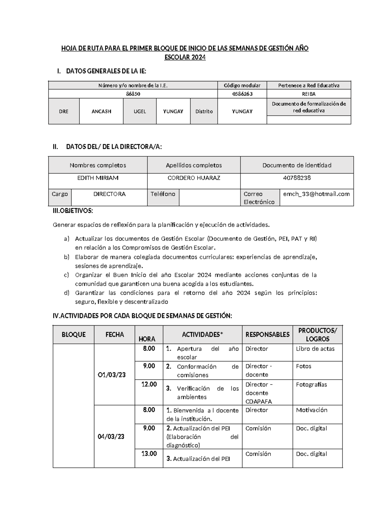 HOJA DE RUTA DE Primera Semana DE Gestión MIO 2024 - HOJA DE RUTA PARA EL PRIMER BLOQUE DE ...