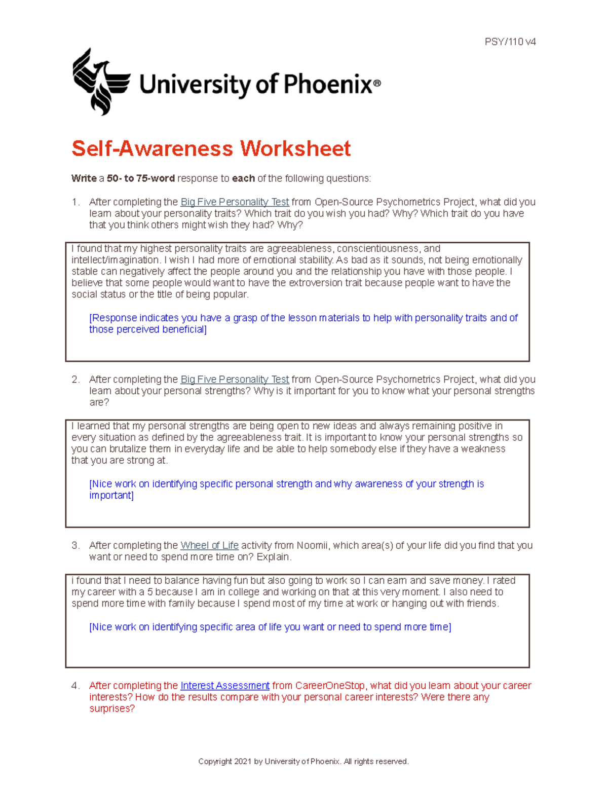 Dakota Wilhelm psy110 v4 wk1 self awareness worksheet (62) - PSY/110 v ...
