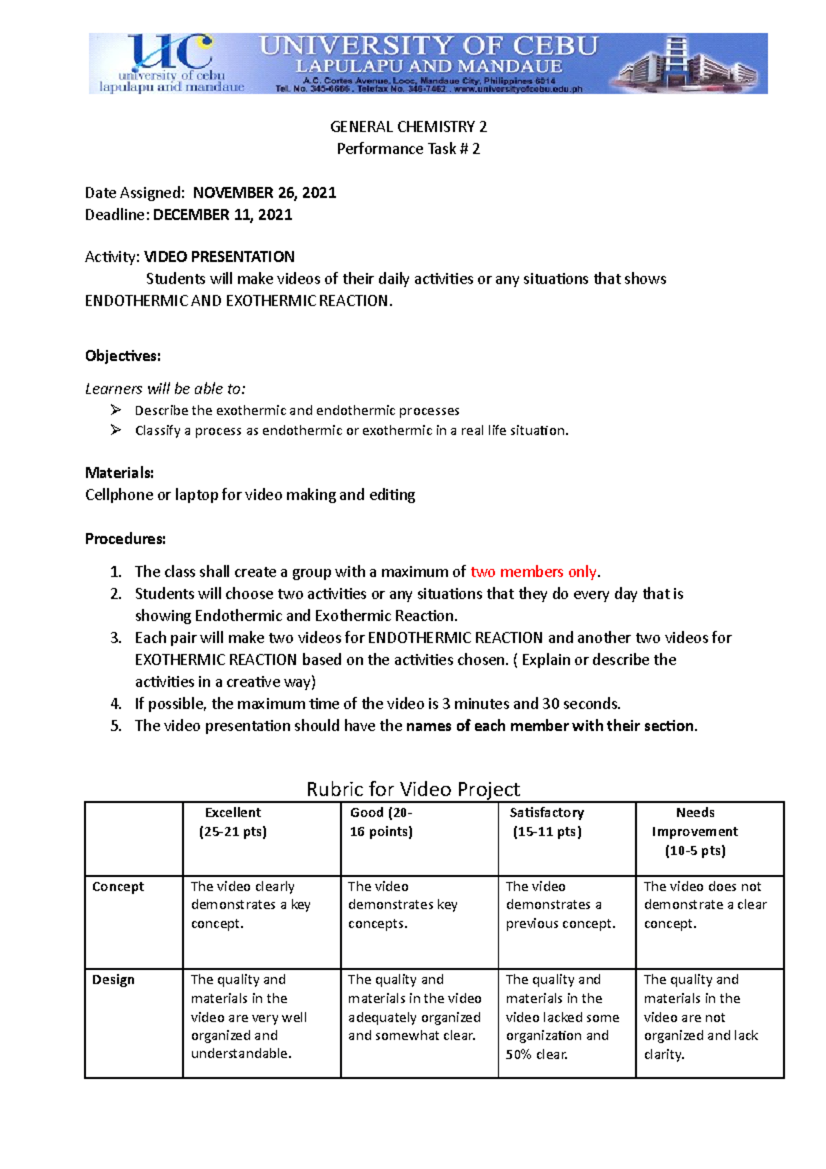 PT 2 ON Thermal Processes 1 - GENERAL CHEMISTRY 2 Performance Task # 2 ...
