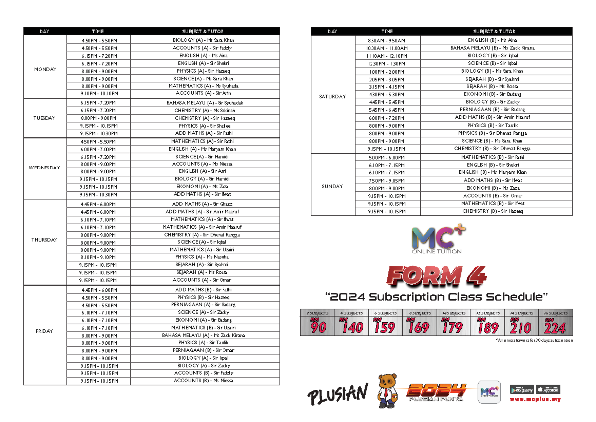 Official Timetable Form 4 - 8 - 9 10 - 11 11 - 12 12 - 1 1 - 2 2 - 3 3 ...