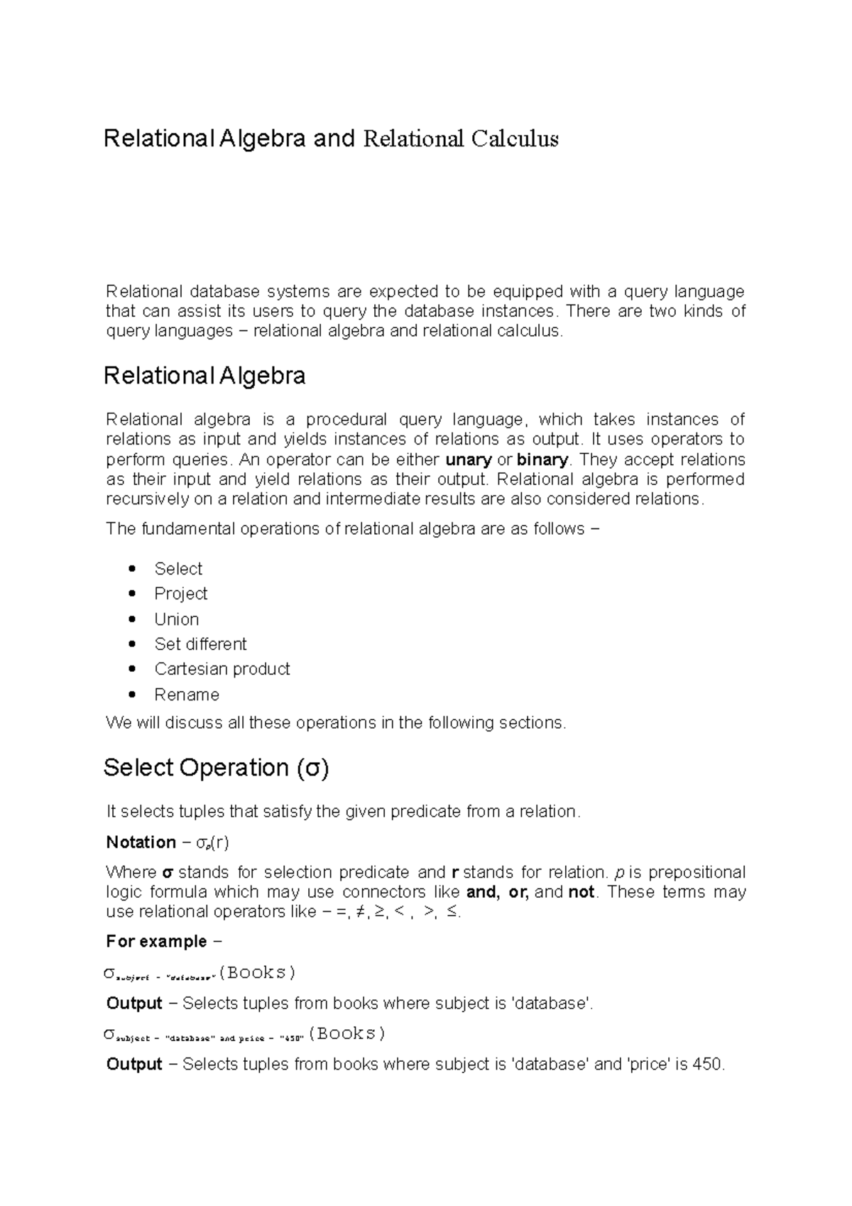 Relational Algebra and Relational Calculus - Relational Algebra and Relational Calculus ...