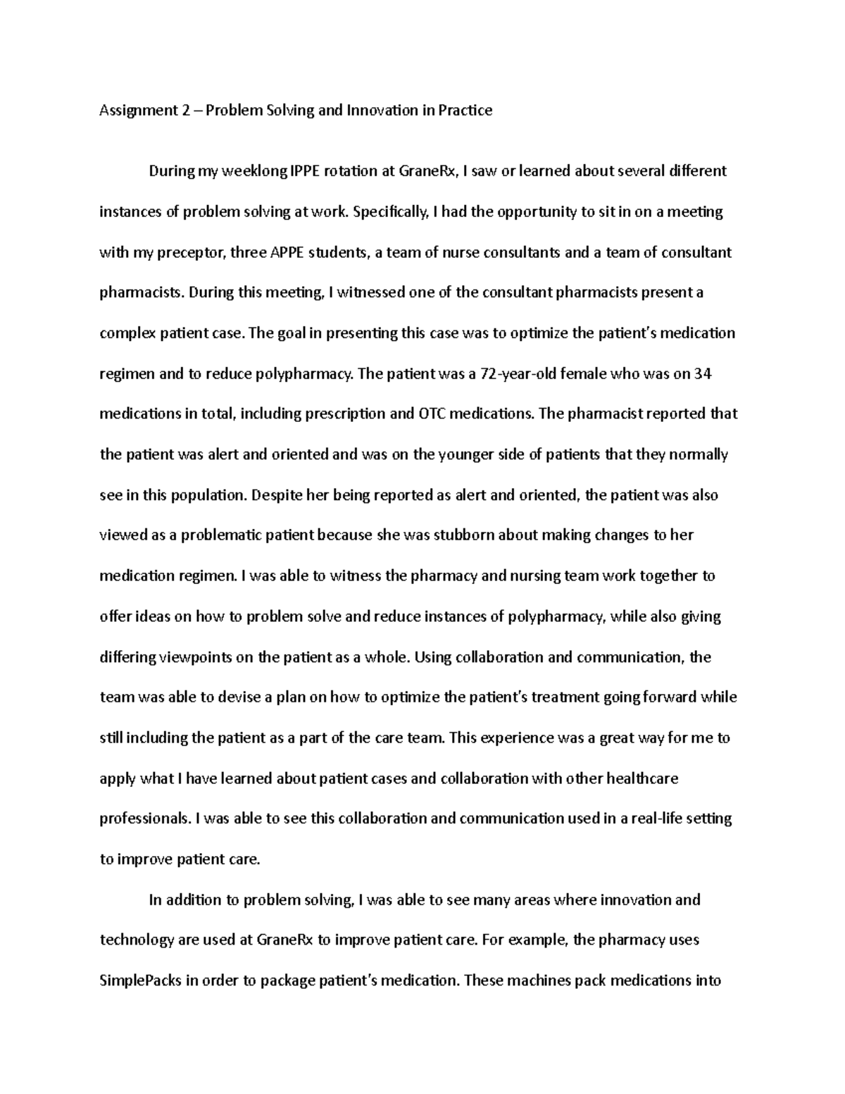 Assignment 2 Problem Solving - Assignment 2 – Problem Solving and Innovation in Practice During ...