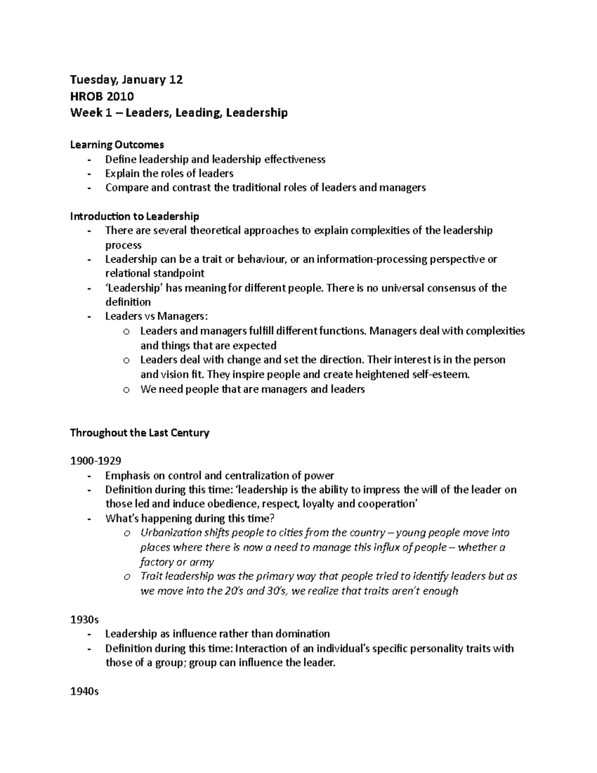 Week 1 - Leaders, Leading, Leadership - Tuesday, January 12 HROB 2010 ...