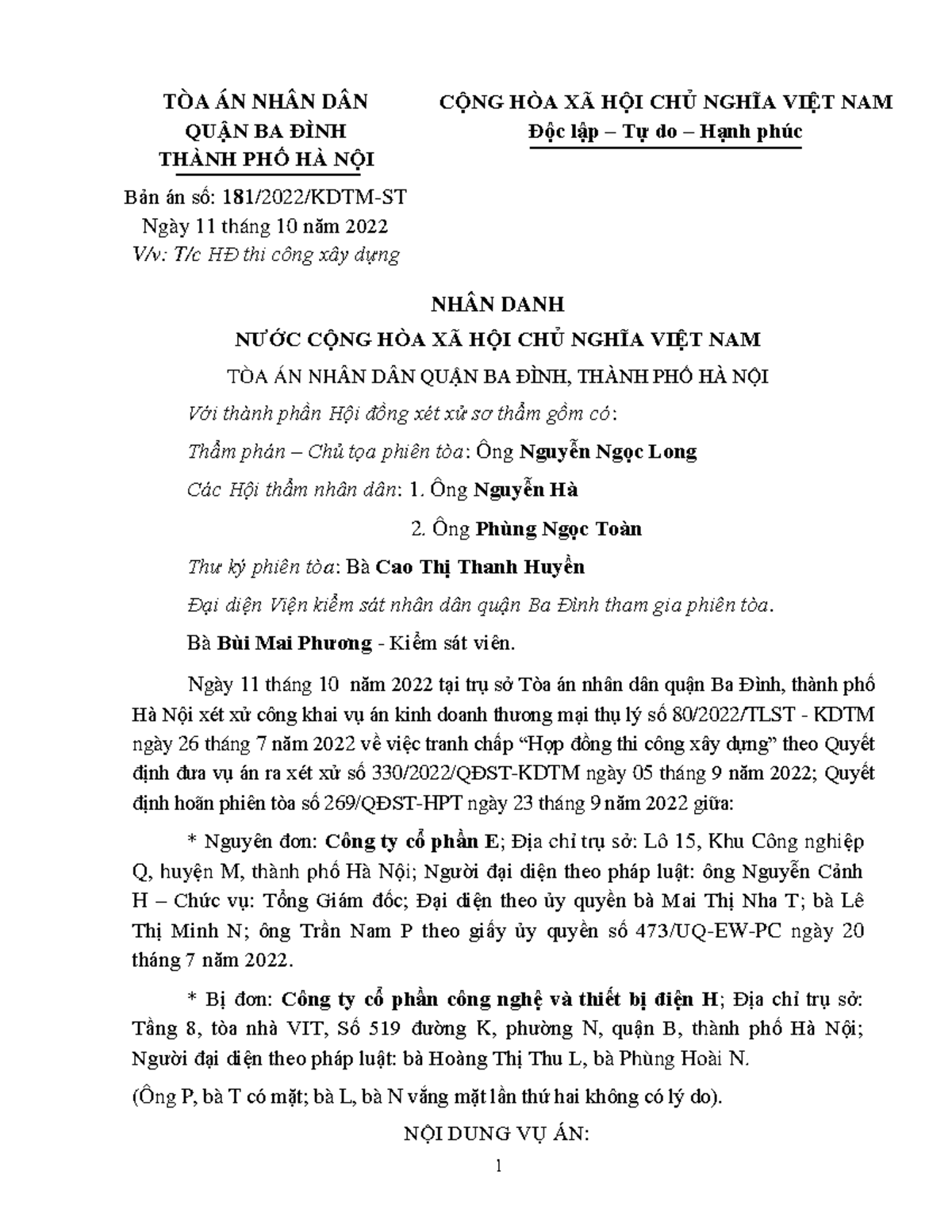 1 BAN AN - TÒA ÁN NHÂN DÂN QUẬN BA ĐÌNH THÀNH PHỐ HÀ NỘI Bản án số: 181 ...
