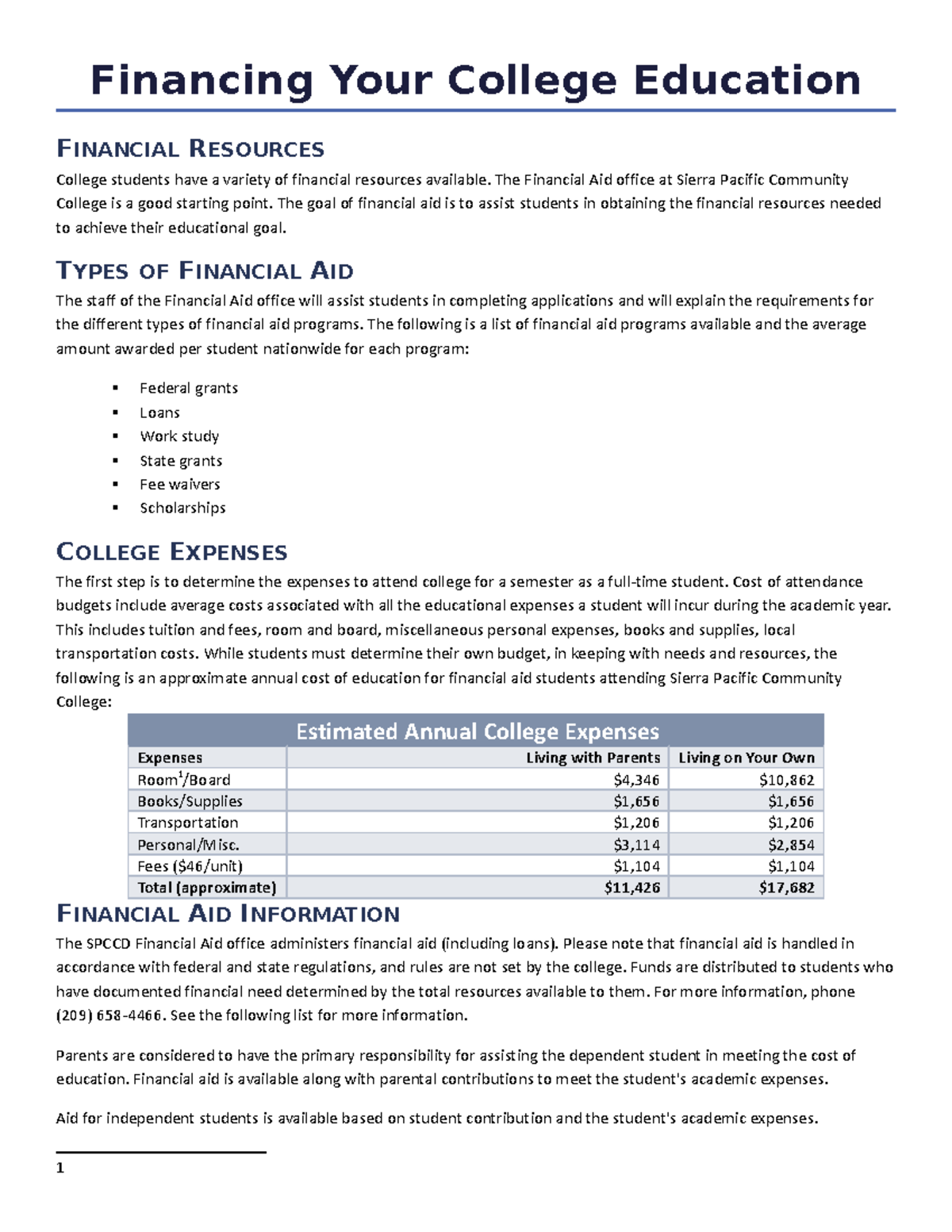 finacialaid-word - Financing Your College Education FINANCIAL RESOURCES ...