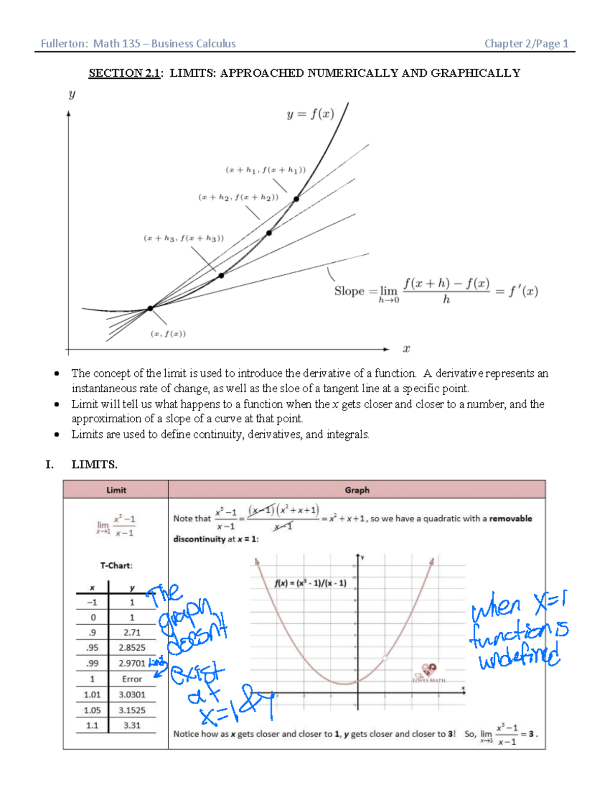 Chapter 2.1 and 2.2 notes - SECTION 2: LIMITS: APPROACHED NUMERICALLY ...