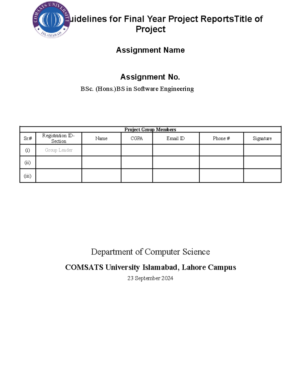 Quality Assurance Plan - Template - Style Guidelines for Final Year ...