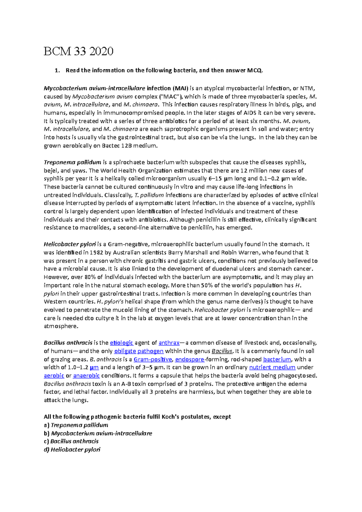 Bcm - Recall and understand key experiments in establishing ...