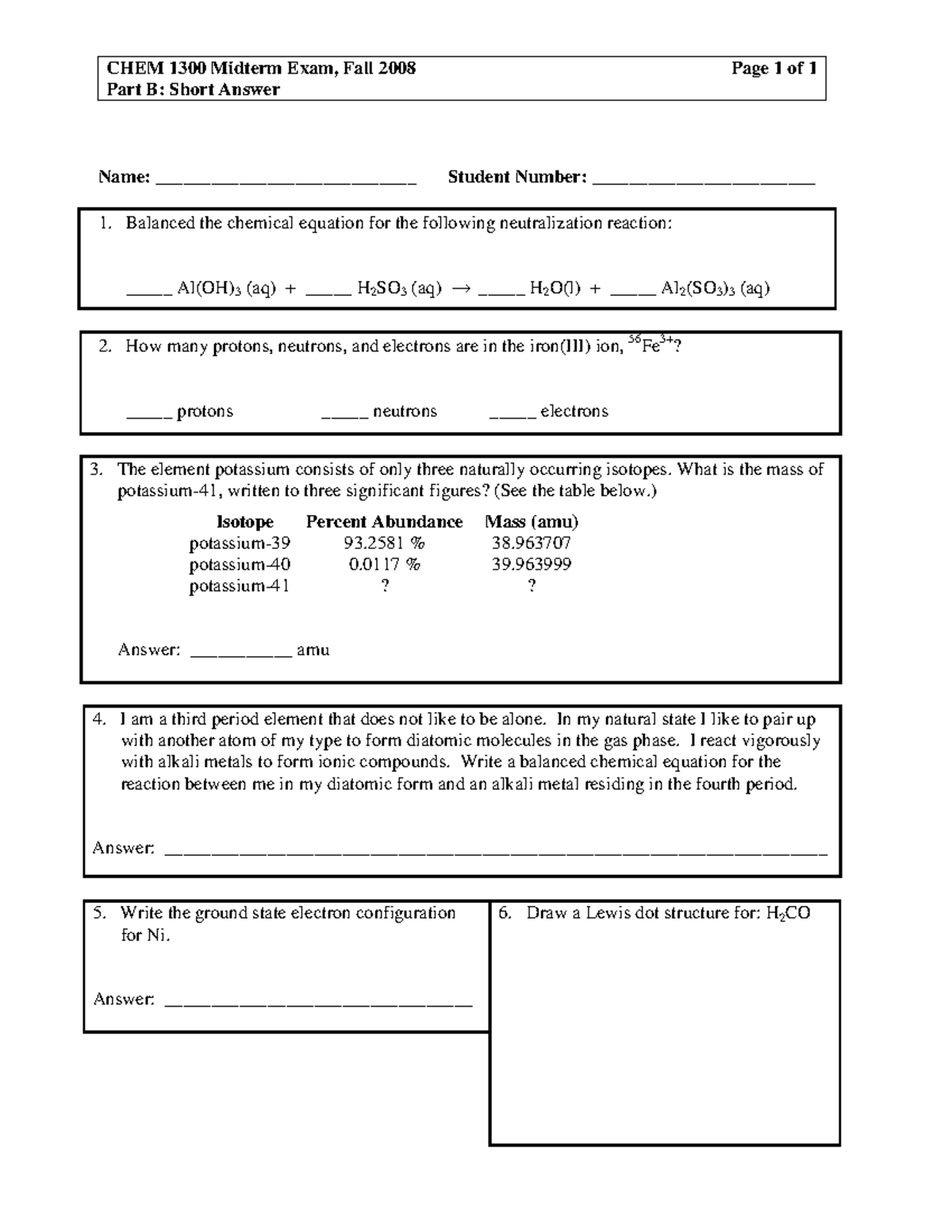 Midterm Exam Fall 2008 - questions - Part B - CHEM 1300 Midterm Exam, Fall 2008 Page 1 of 1 Part ...
