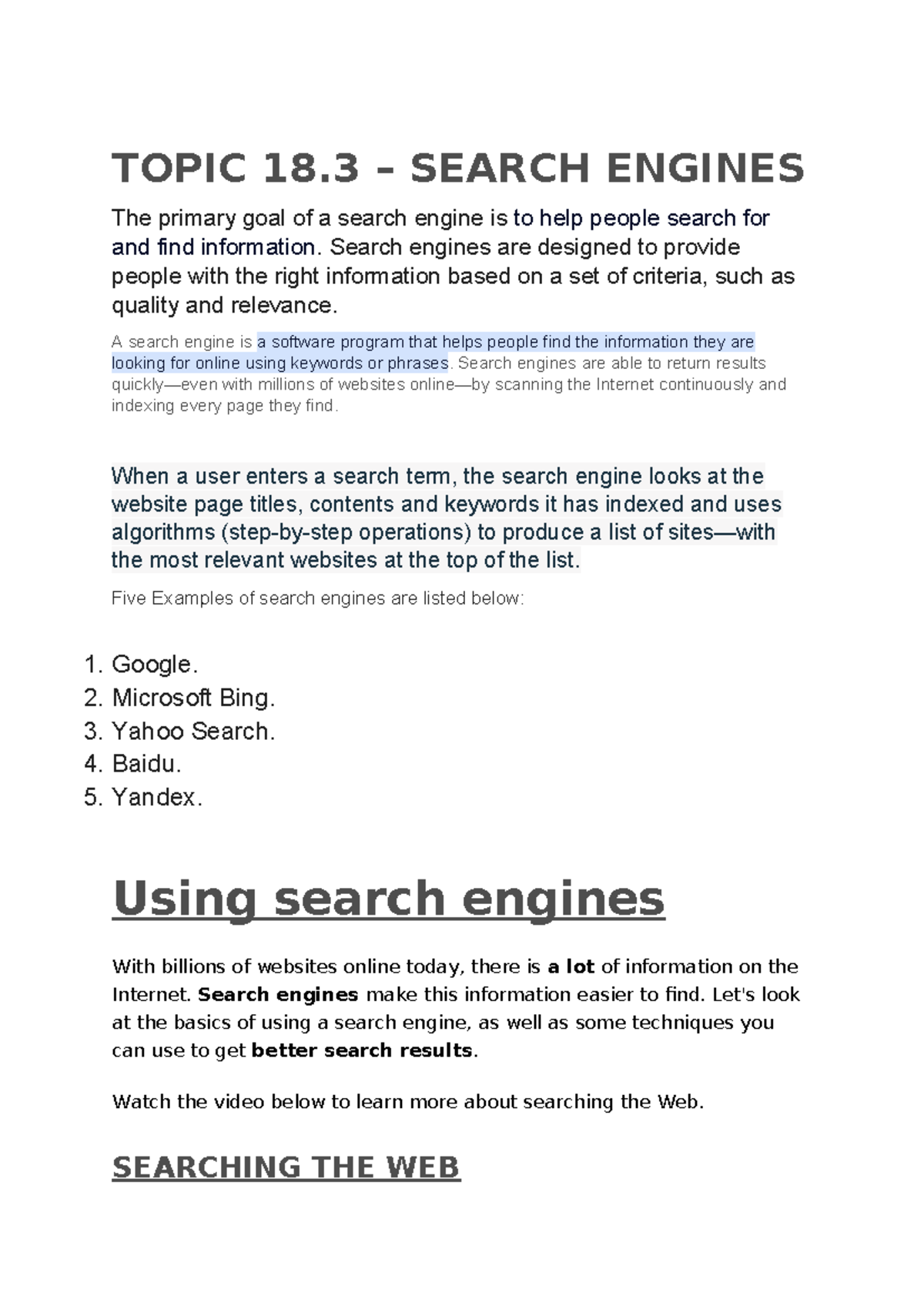 Topic 11.2 – Search Engines - TOPIC 18 – SEARCH ENGINES The primary ...