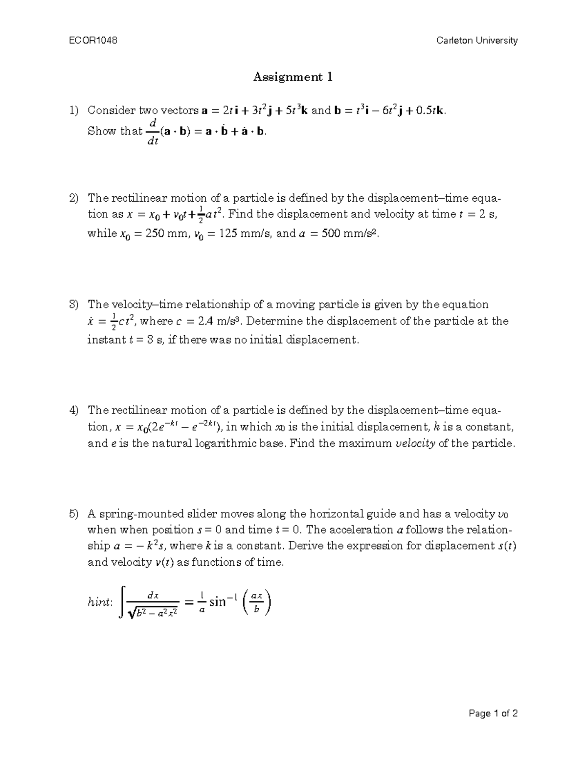 Assignment 1 Assignemt 1 Ecor1048 Carleton University Assignment 1 1 Consider Two Vectors
