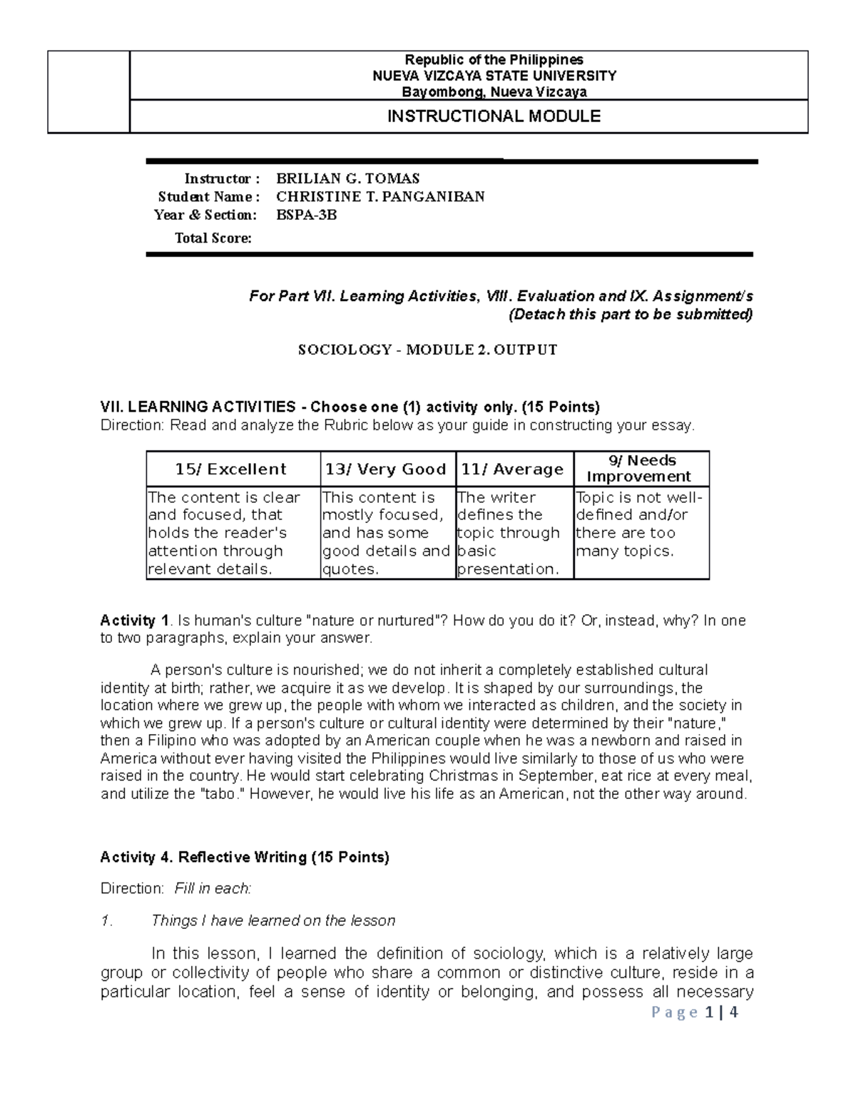 Sociology module 2 - Learning Activities, Assignments and Evaluations ...