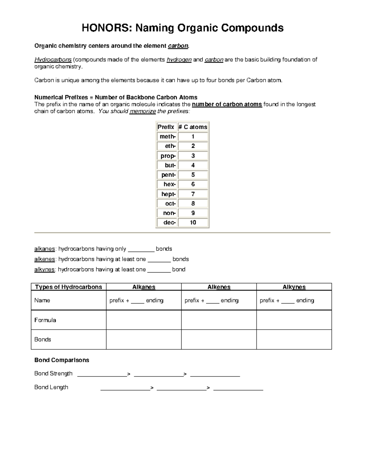 Hydrocarbon naming practice - HONORS: Naming Organic Compounds Organic ...