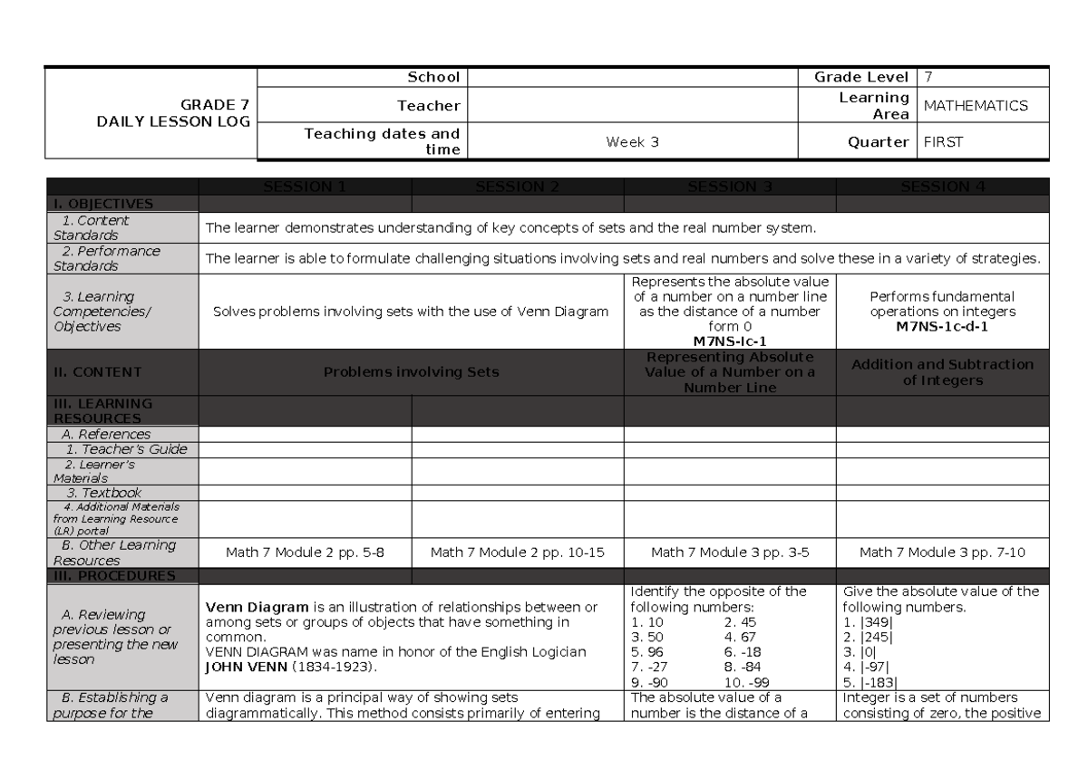 G7 DLL Q1 WK3 - MATH - GRADE 7 DAILY LESSON LOG School Grade Level 7 ...