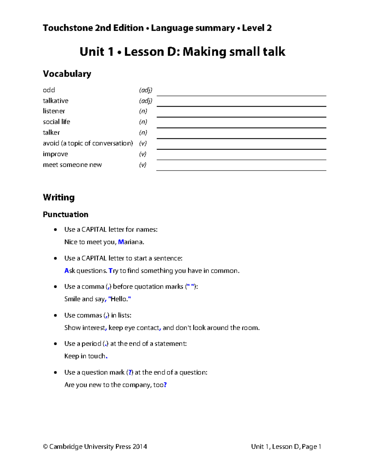 TS2e L2 U1 LD Langsum - Touchstone 2nd Edition • Language summary • Level 2 Unit 1 • Lesson D ...