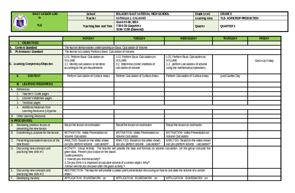 W6 8- Agricrop - DAILY LESSON LOG In TLE School BULAOEN EAST NATIONAL ...