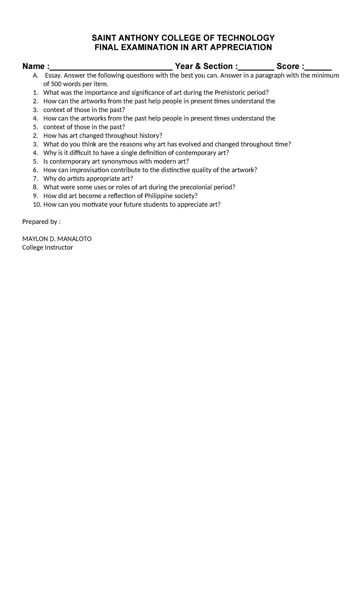 Final Exam in Art Appreciation Mr. Manaloto - SAINT ANTHONY COLLEGE OF ...