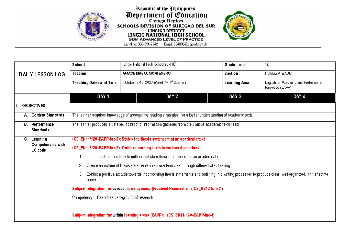 Week 7 DLL in EAPP (1st Quarter) - DAILY LESSON LOG School Lingig National High School (LNHS ...