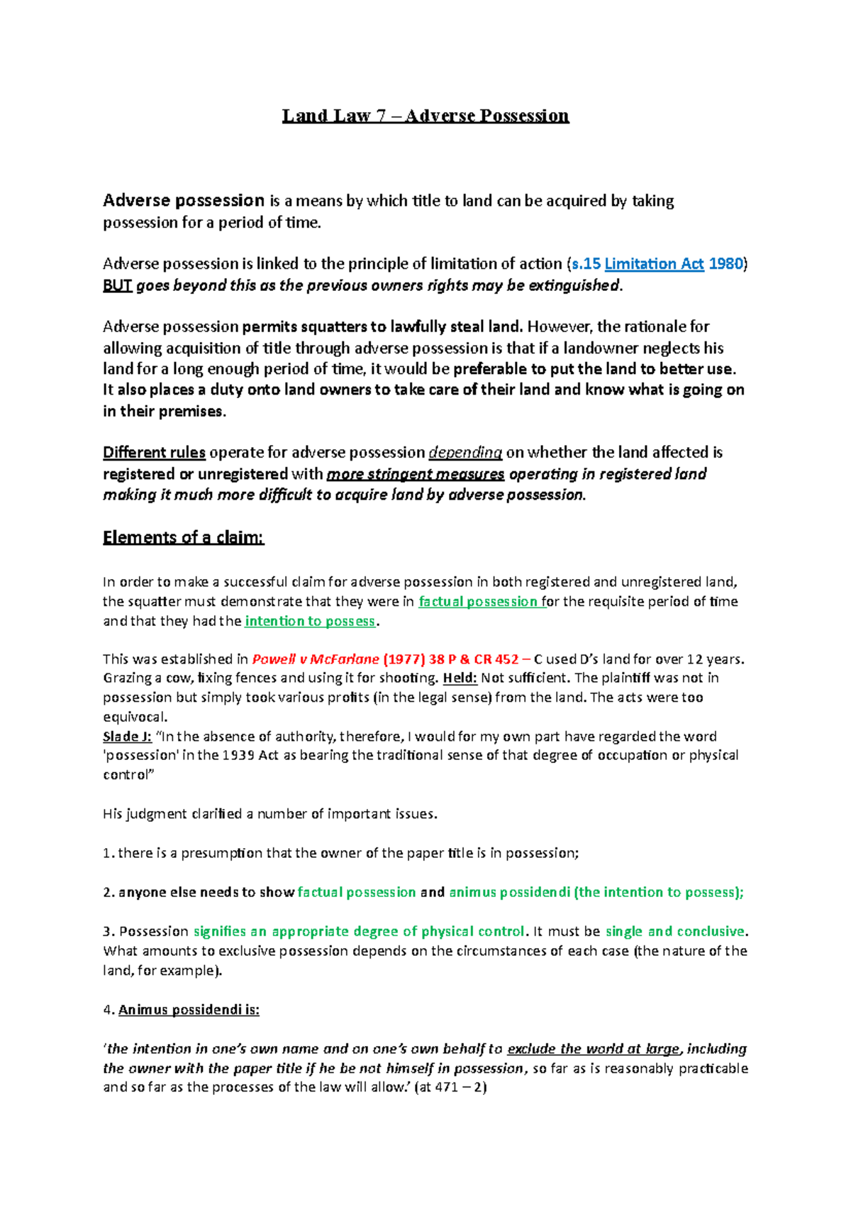 Land Law 7 – Adverse Possession - Land Law 7 – Adverse Possession ...