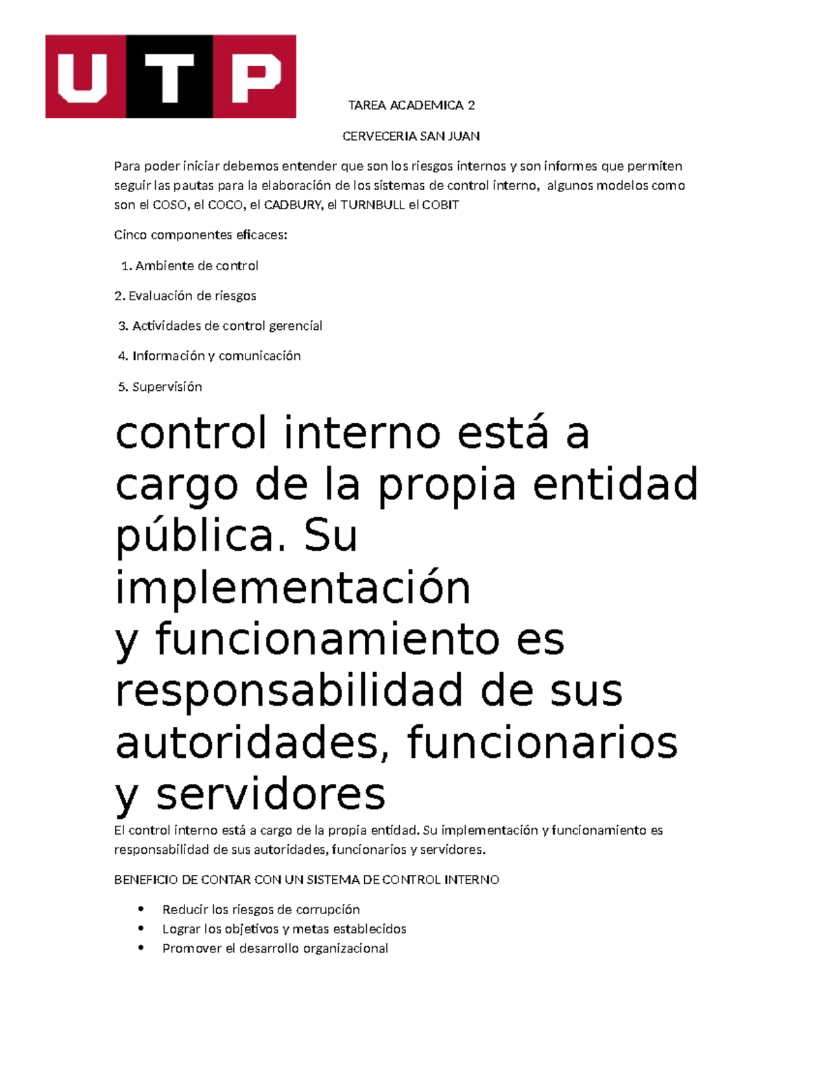Tarea Academica Semana 4 Control Interno - TAREA ACADEMICA 2 CERVECERIA SAN JUAN Para poder ...