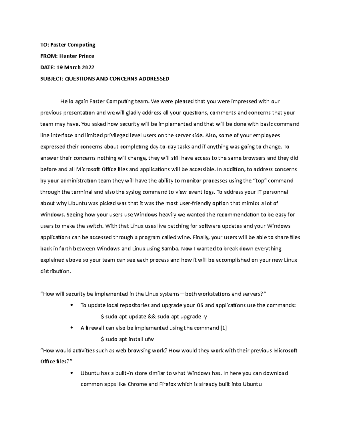 Project #2 Client Response Memo - TO: Faster Computing FROM: Hunter ...