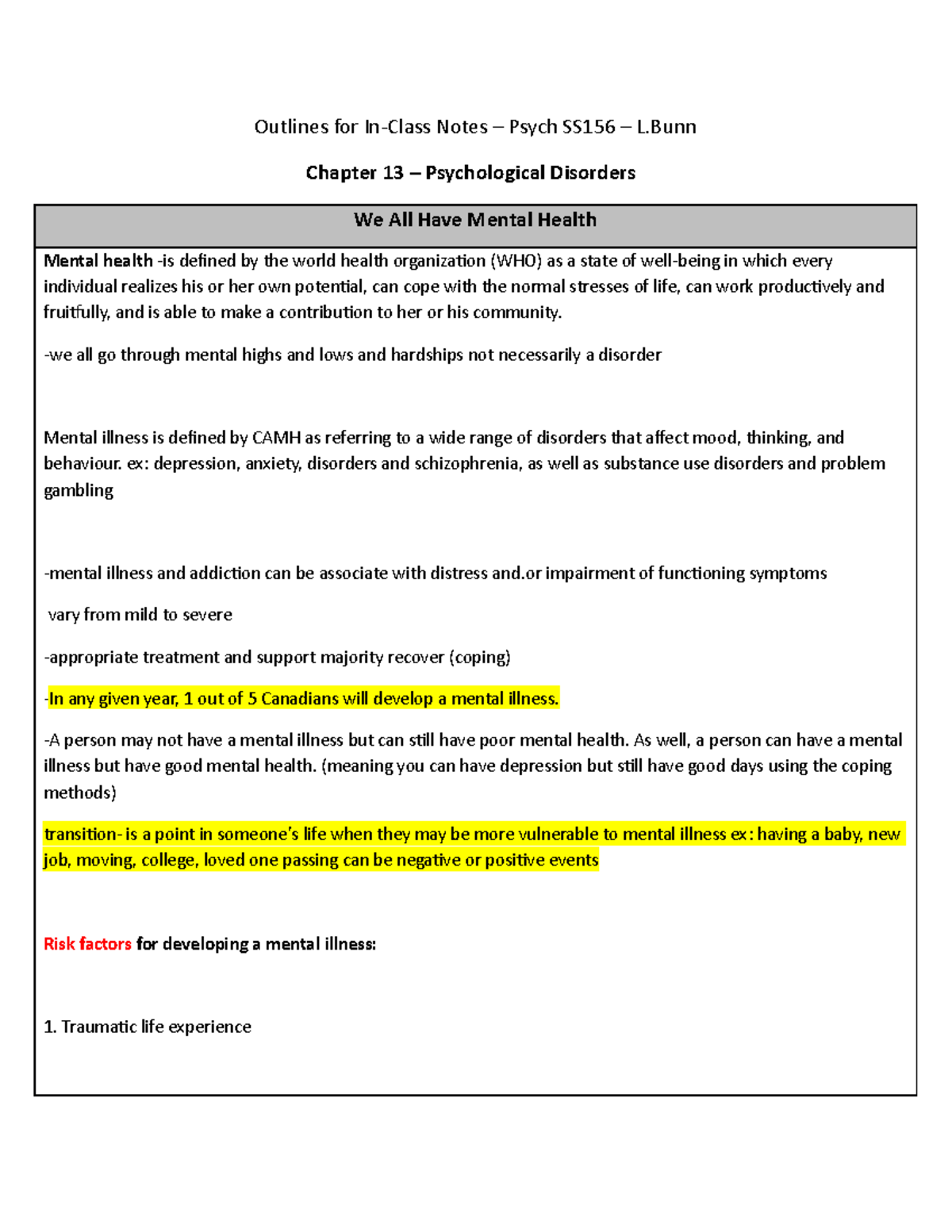 Ch 13 - Psychological Disorders - Outlines for In-Class Notes – Psych ...