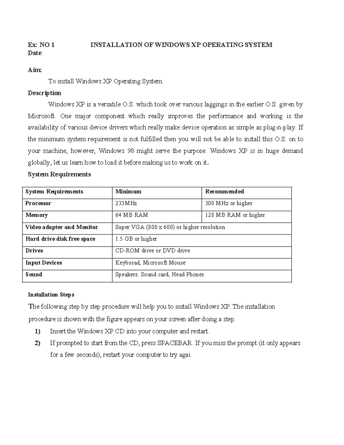 Final OS LAB - Lab mannual - Ex: NO 1 INSTALLATION OF WINDOWS XP ...