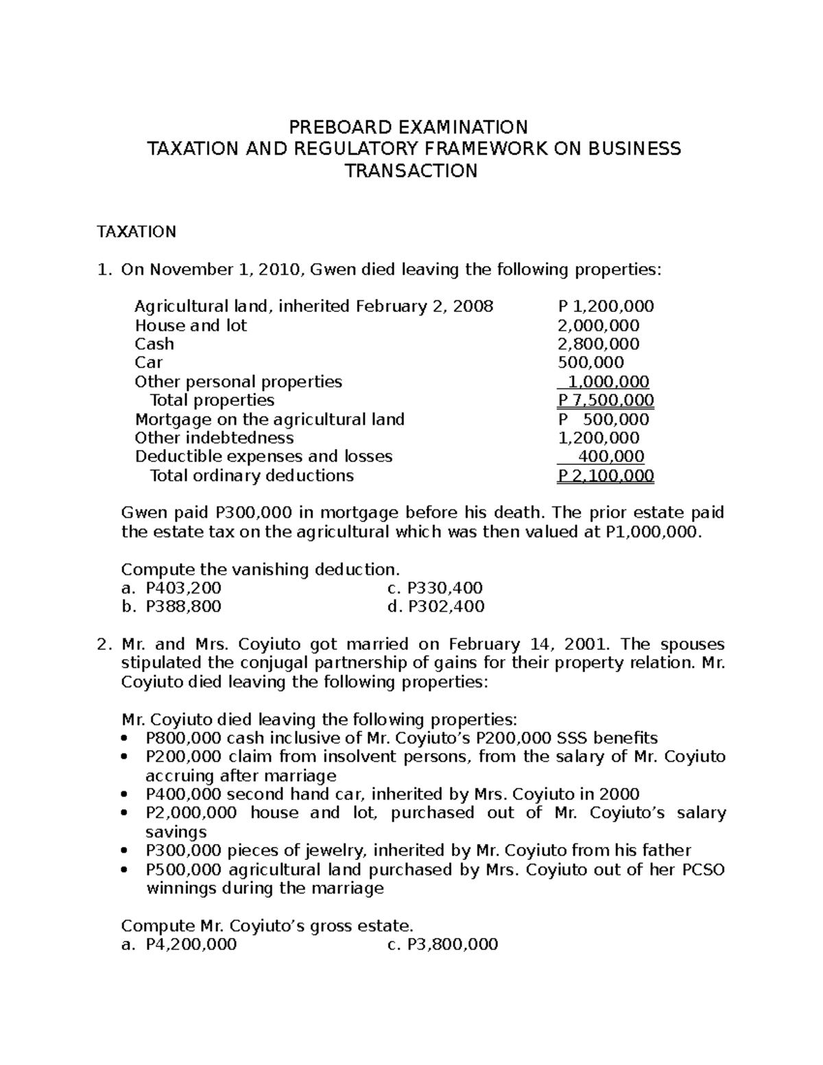 TAX AND LAW Preboard - PREBOARD EXAMINATION TAXATION AND REGULATORY ...