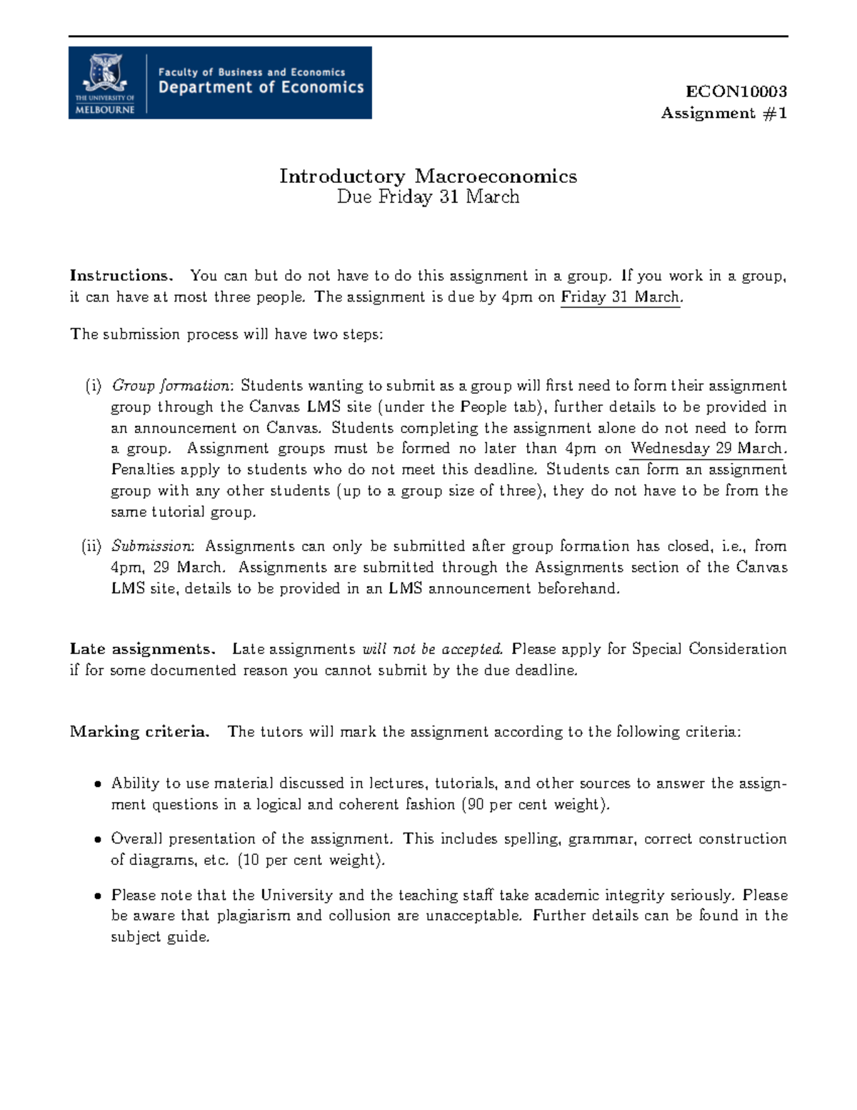ECON10003 Assignment 1 - ECON Assignment # Introductory Macroeconomics Due Friday 31 March - Studocu