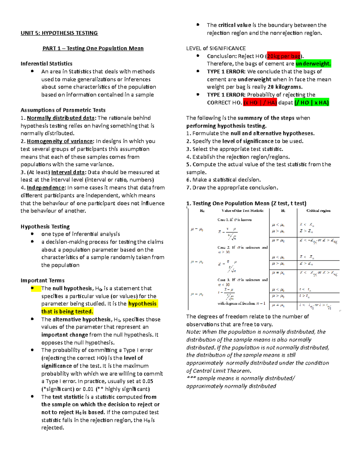 Hypothesis Testing (one and two sample means) - UNIT 5: HYPOTHESIS ...