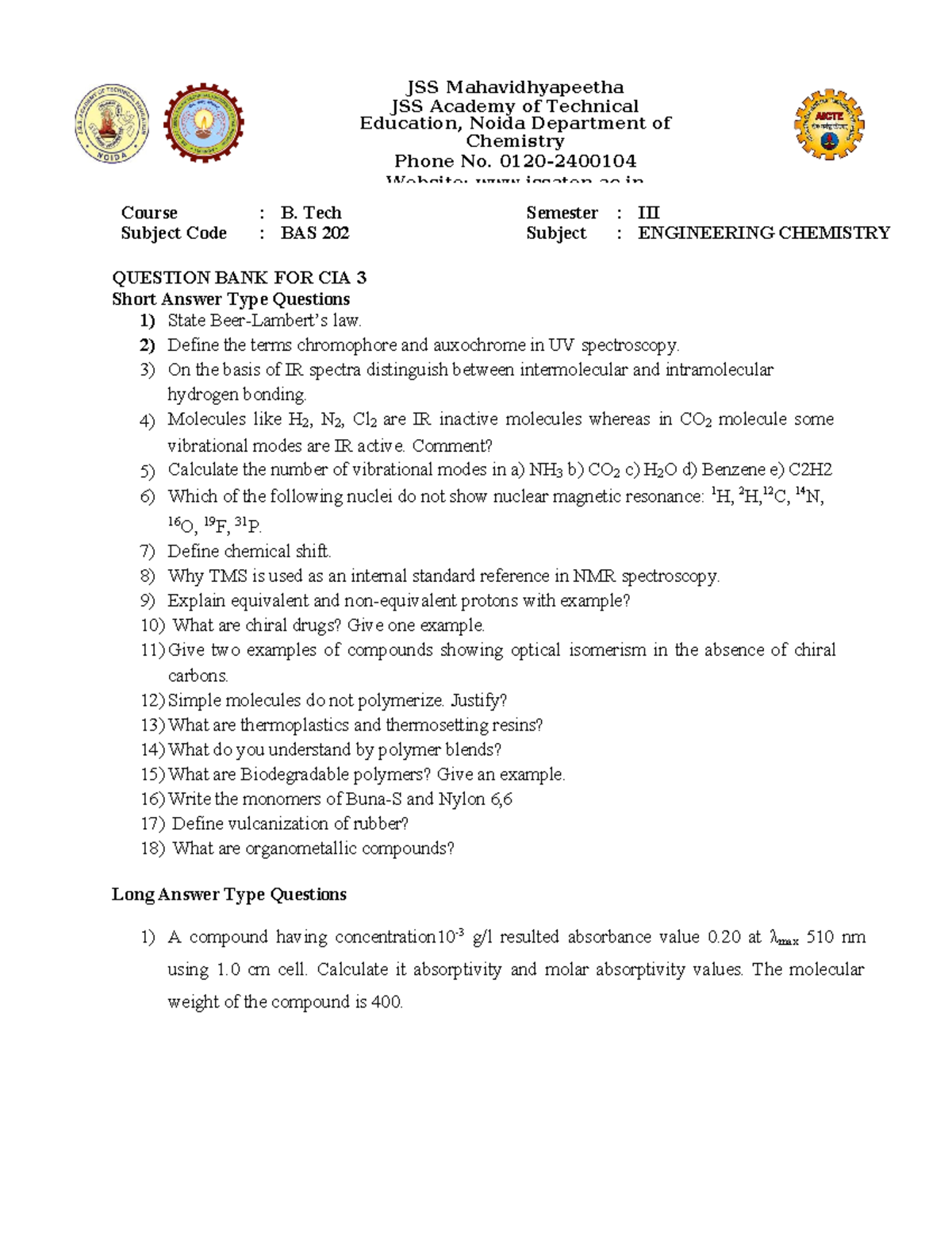 Question bank - JSS Mahavidhyapeetha JSS Academy of Technical Education ...