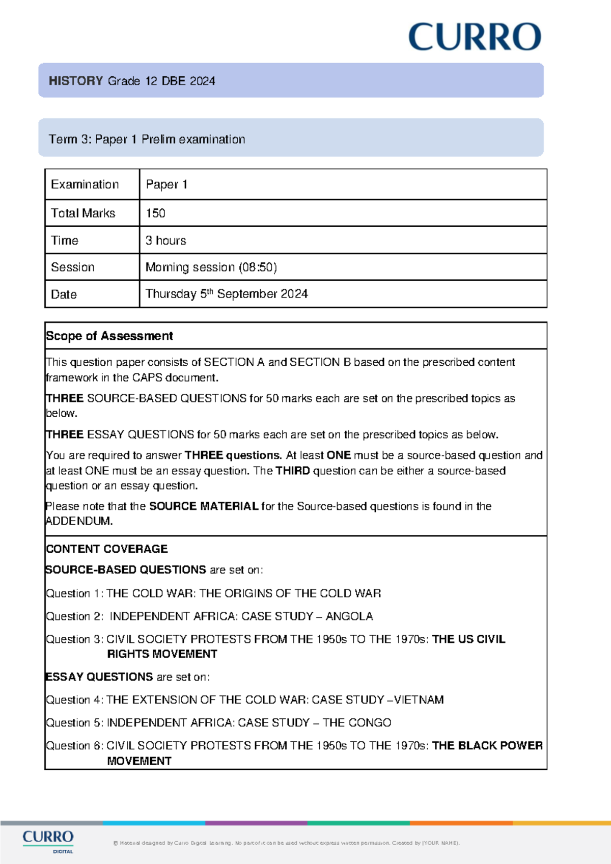 Demarcation for Grade 12 DBE Prelim Paper 1 2024 - © Material designed ...