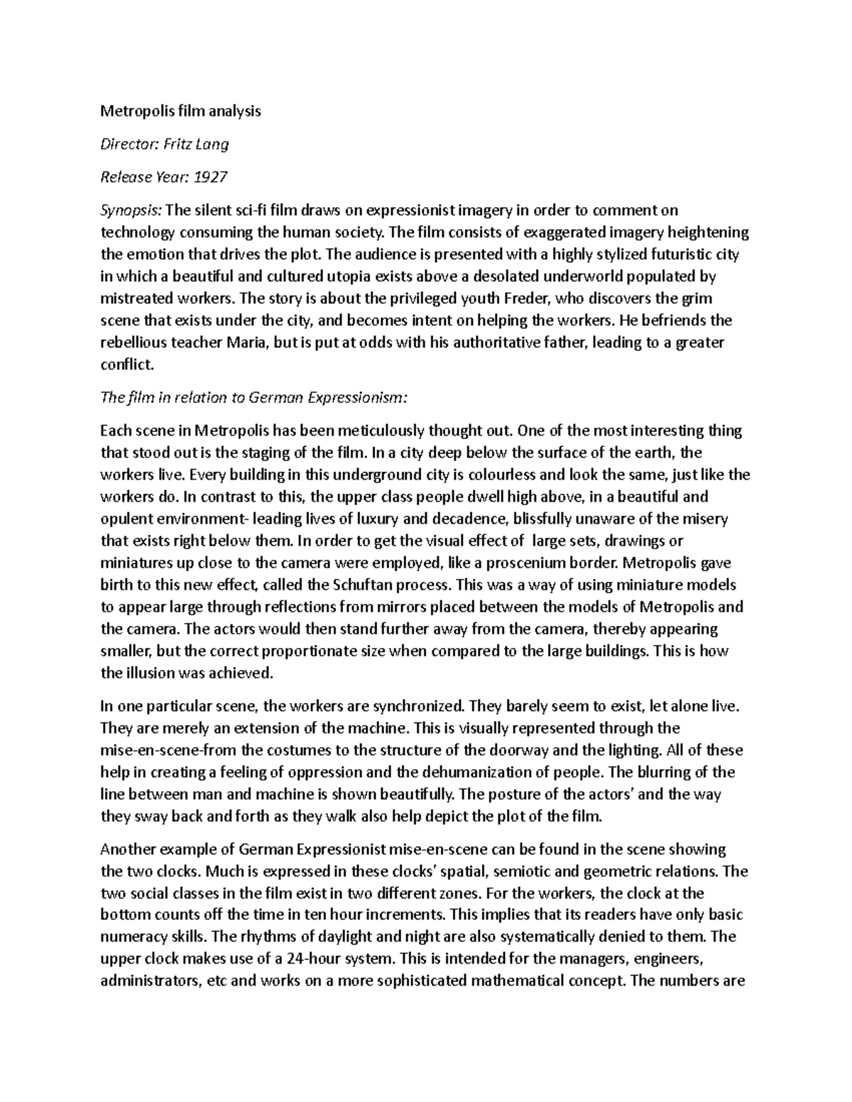 Metropolis German film analysis - Metropolis film analysis Director: Fritz Lang Release Year ...