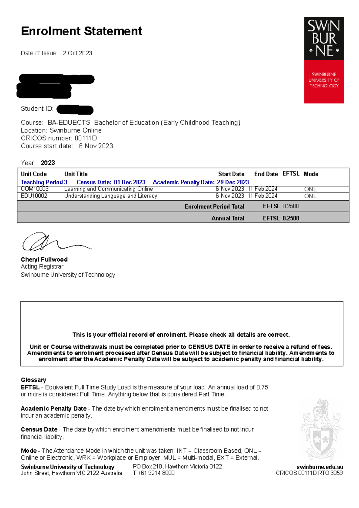 Swinburne Enrolment Statement - example - Enrolment Statement Date of ...