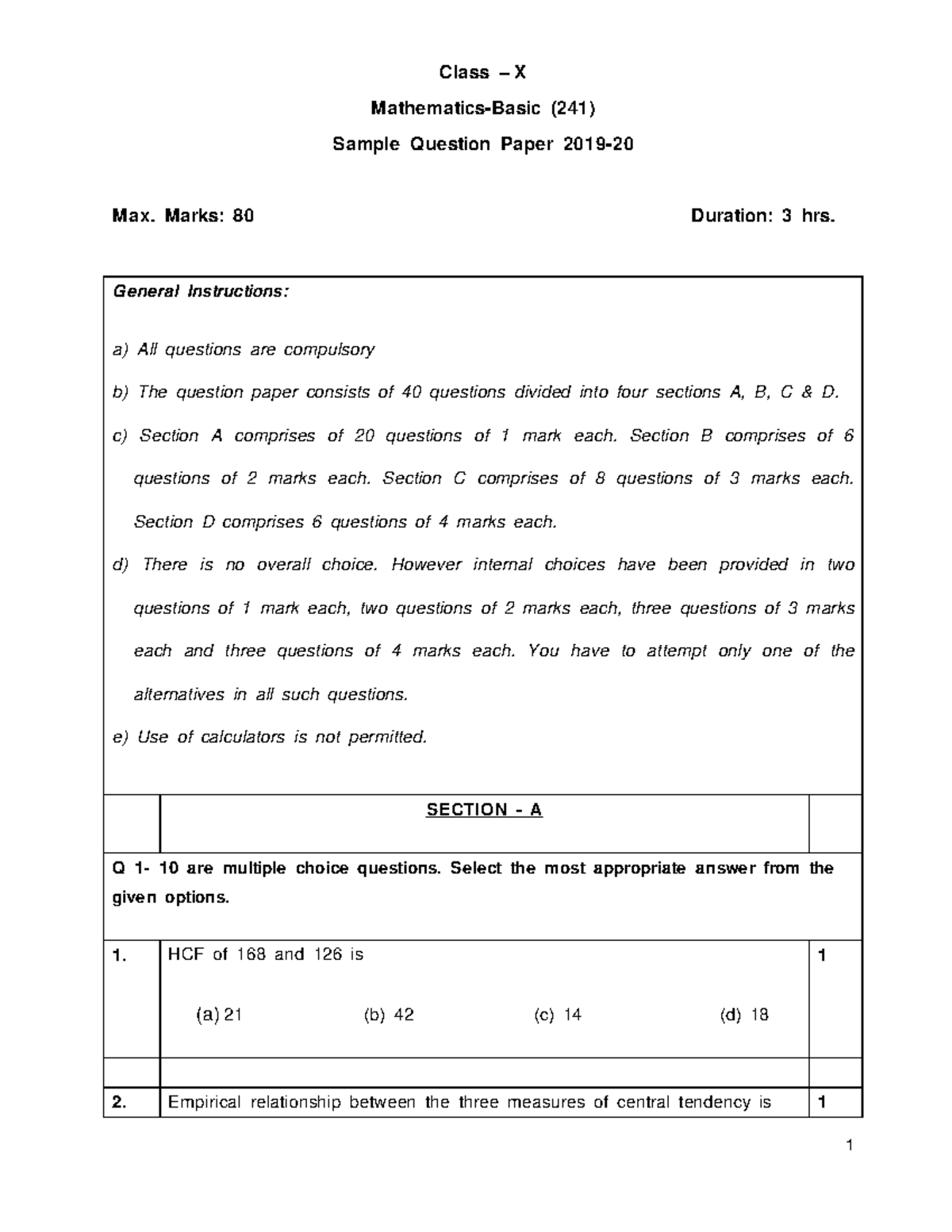 CBSE Sample Papers for Class 10 Maths 2019 20 - 1 Class – X Mathematics-Basic (241) Sample ...