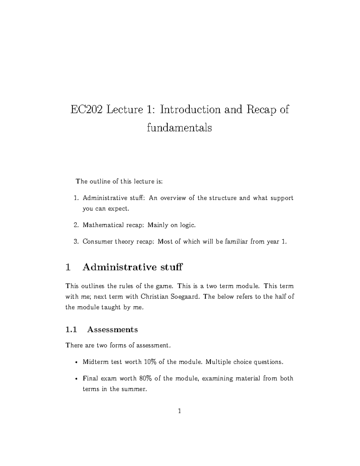 Lecture Notes 1 - EC202 Lecture 1: Introduction and Recap of ...