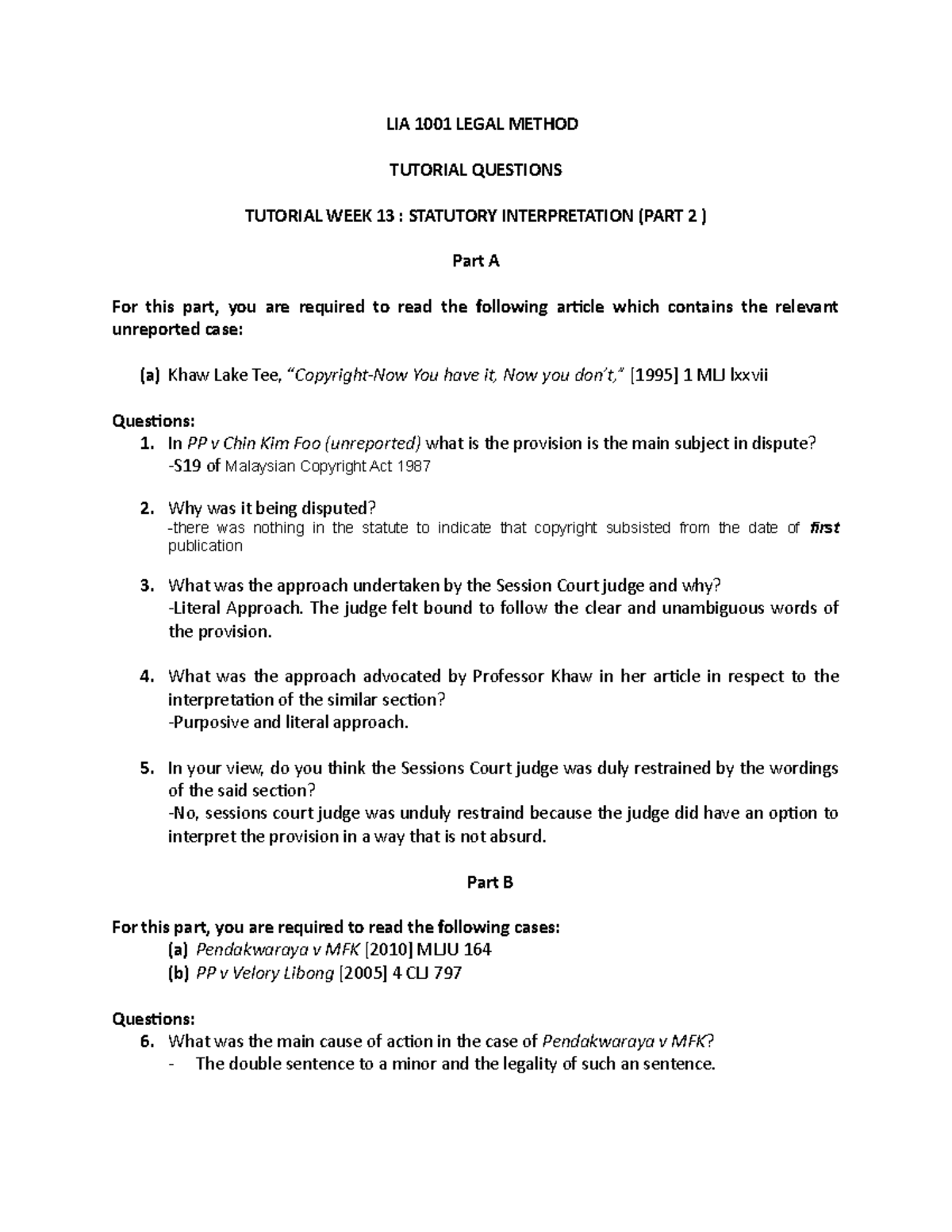 Tutorial Sheet 10 Statutory Interpretation - LIA 1001 LEGAL METHOD TUTORIAL QUESTIONS TUTORIAL ...