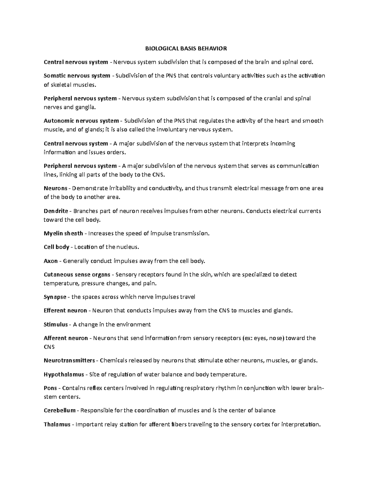 Biological Basis Behavior - BIOLOGICAL BASIS BEHAVIOR Central nervous ...