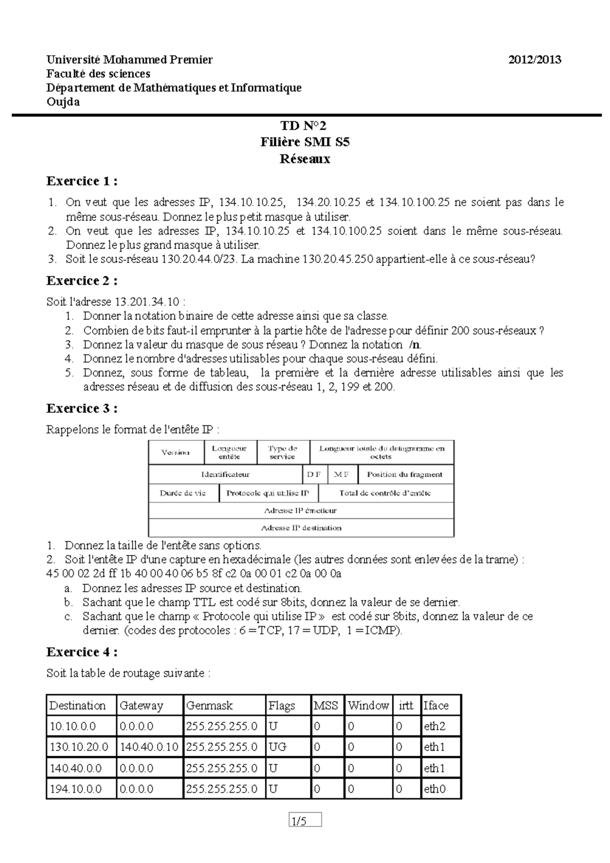 Exercices et Examens Réseaux Informatique 1 - Université Mohammed ...