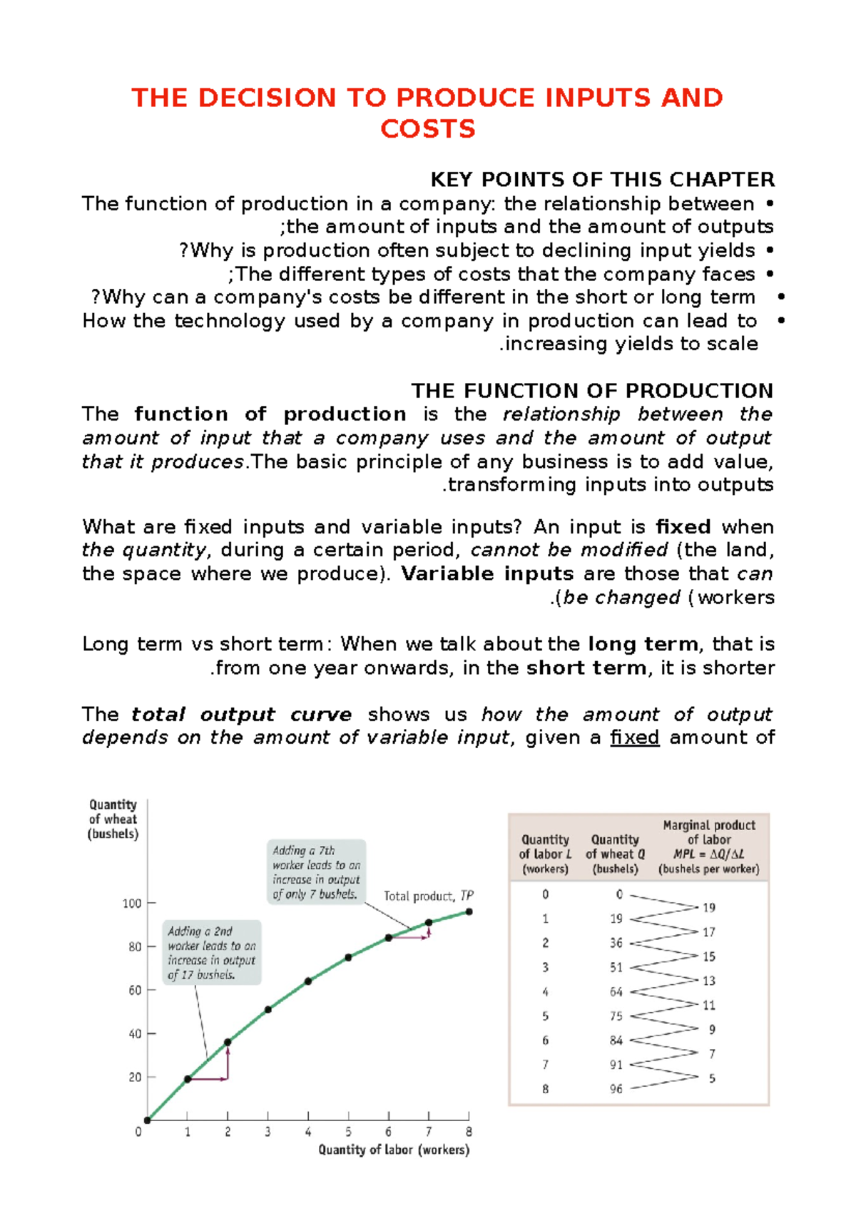 5. The decision to produce, inputs and costs - THE DECISION TO PRODUCE ...