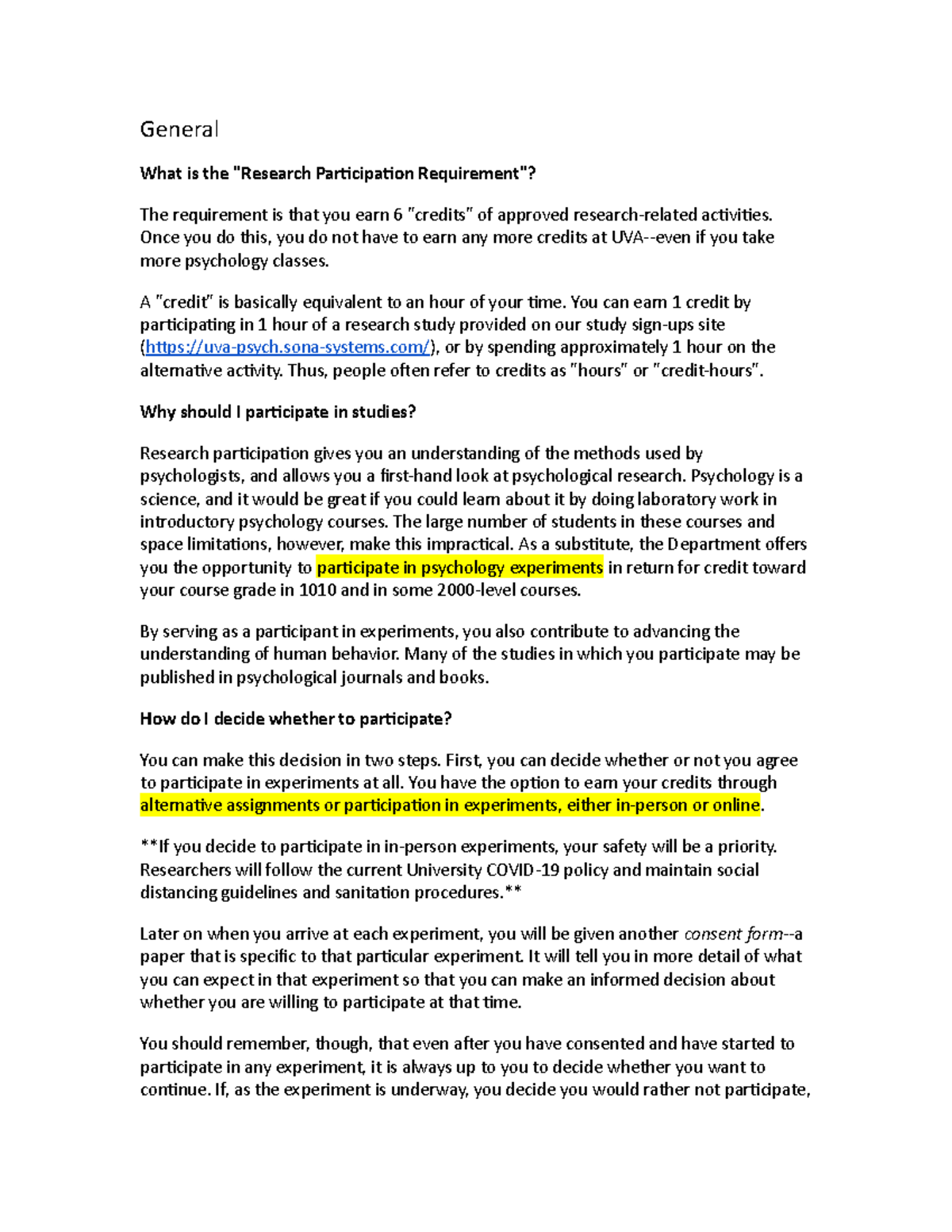 Participant Pool information for getting complete credit - General What ...