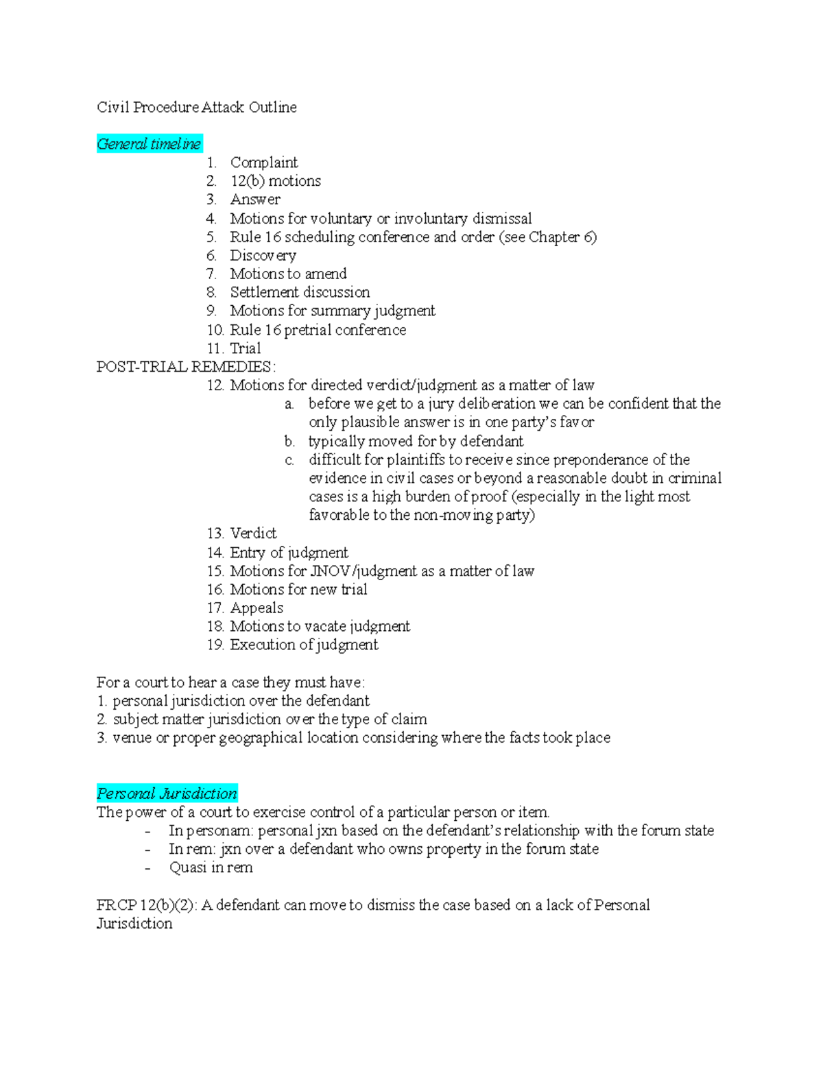 Civil Procedure Attack Outline - Civil Procedure Attack Outline General ...