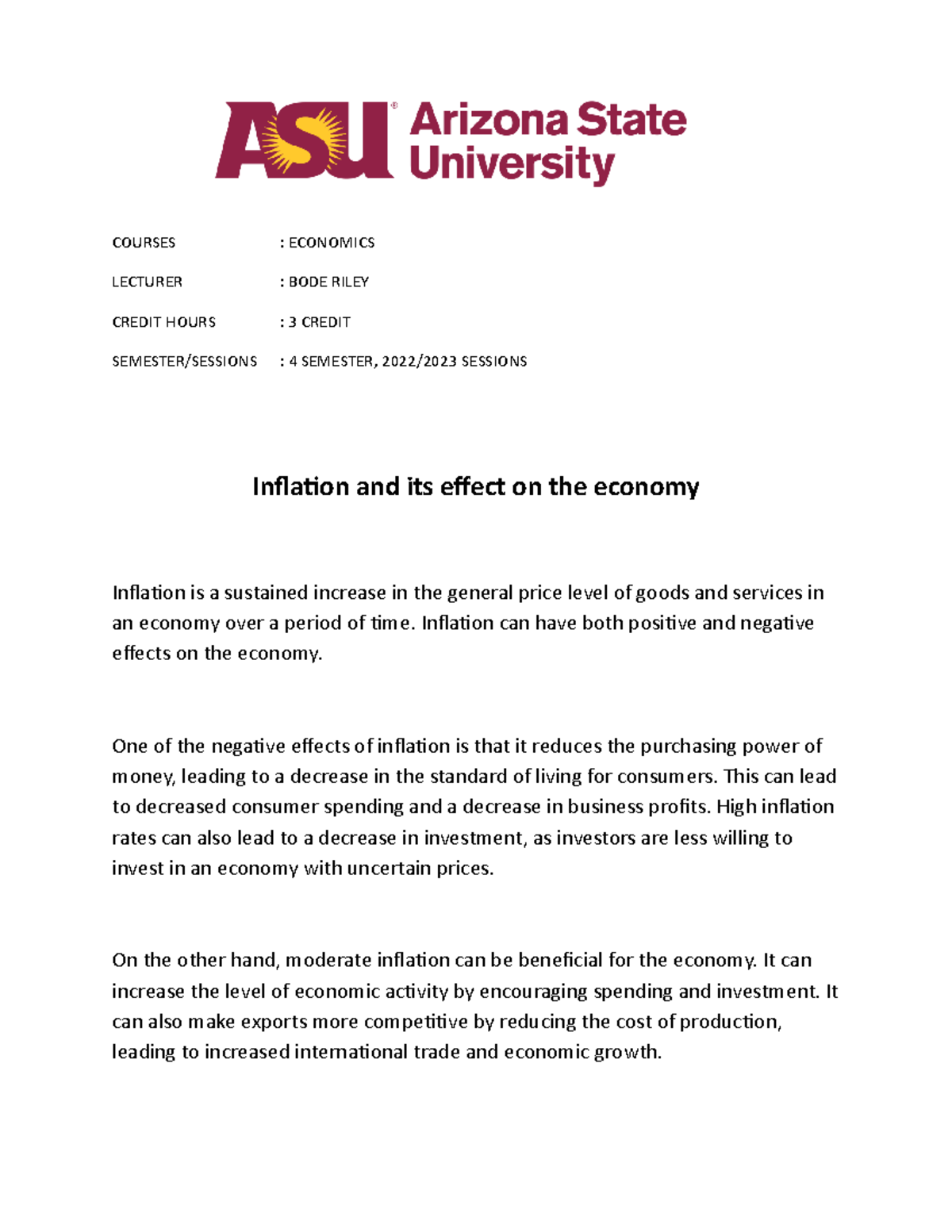 Inflation and its effect on the economy - COURSES : ECONOMICS LECTURER ...