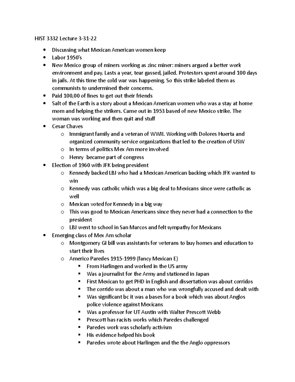 HIST 3332 Lecture 3 - These study notes cover Mexican American history ...