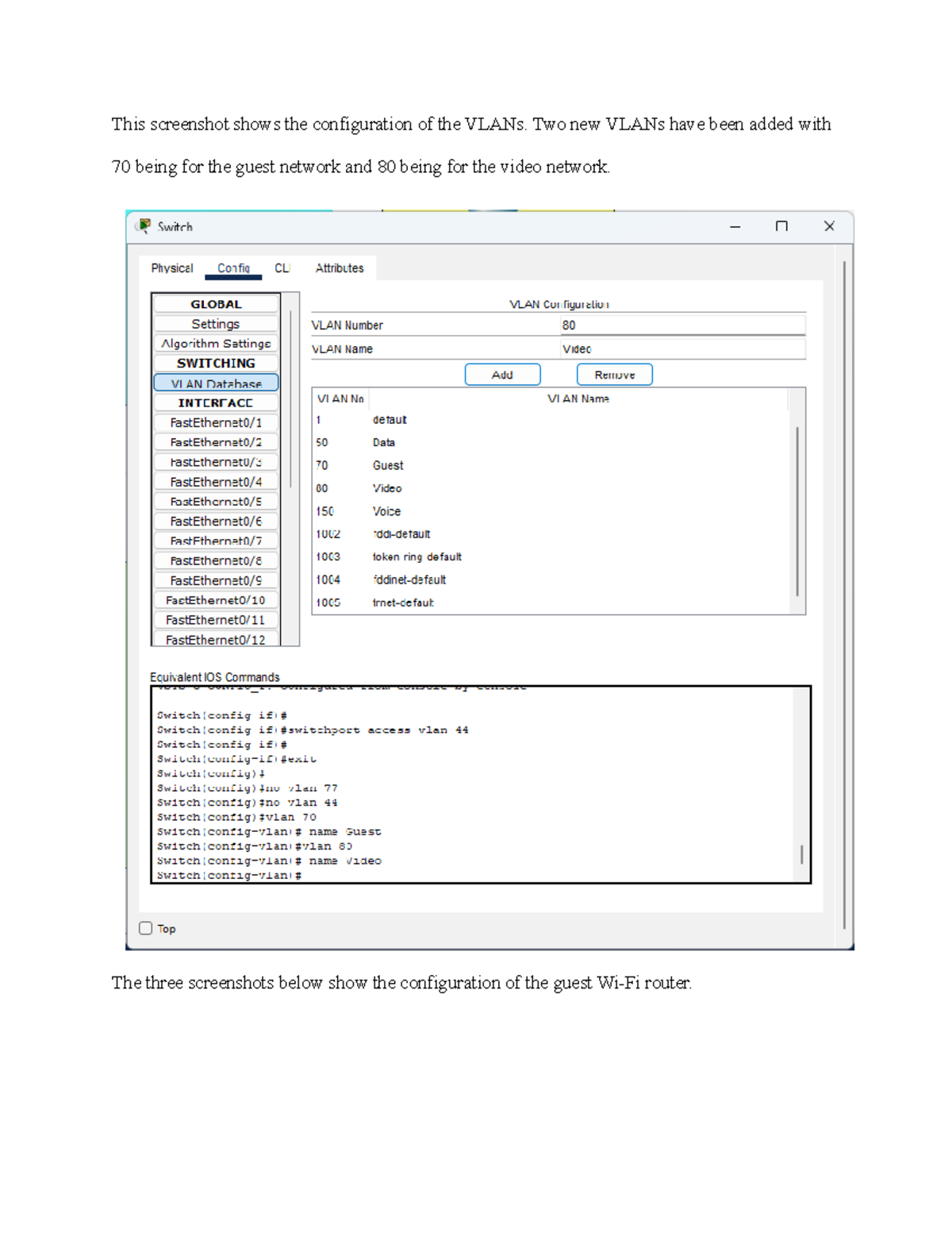 CYB210 Project One Submission - This screenshot shows the configuration of the VLANs. Two new ...