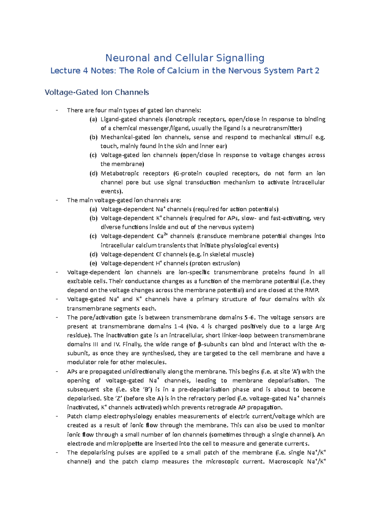 Lecture 4 Notes (The Role of Calcium in the Nervous System Part 2 ...
