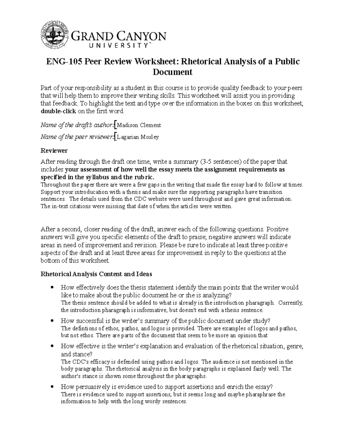 Peer Review Worksheet: Rhetorical Analysis of a Public Document - Studocu