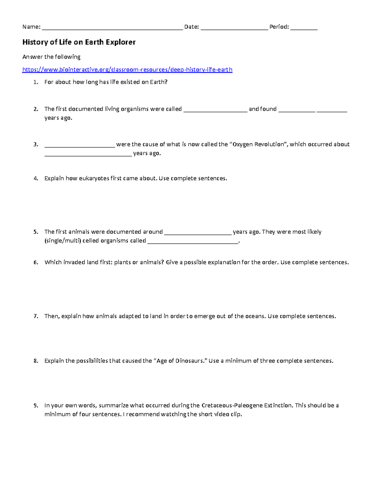 Early Earth Explorer Worksheet - Name ...