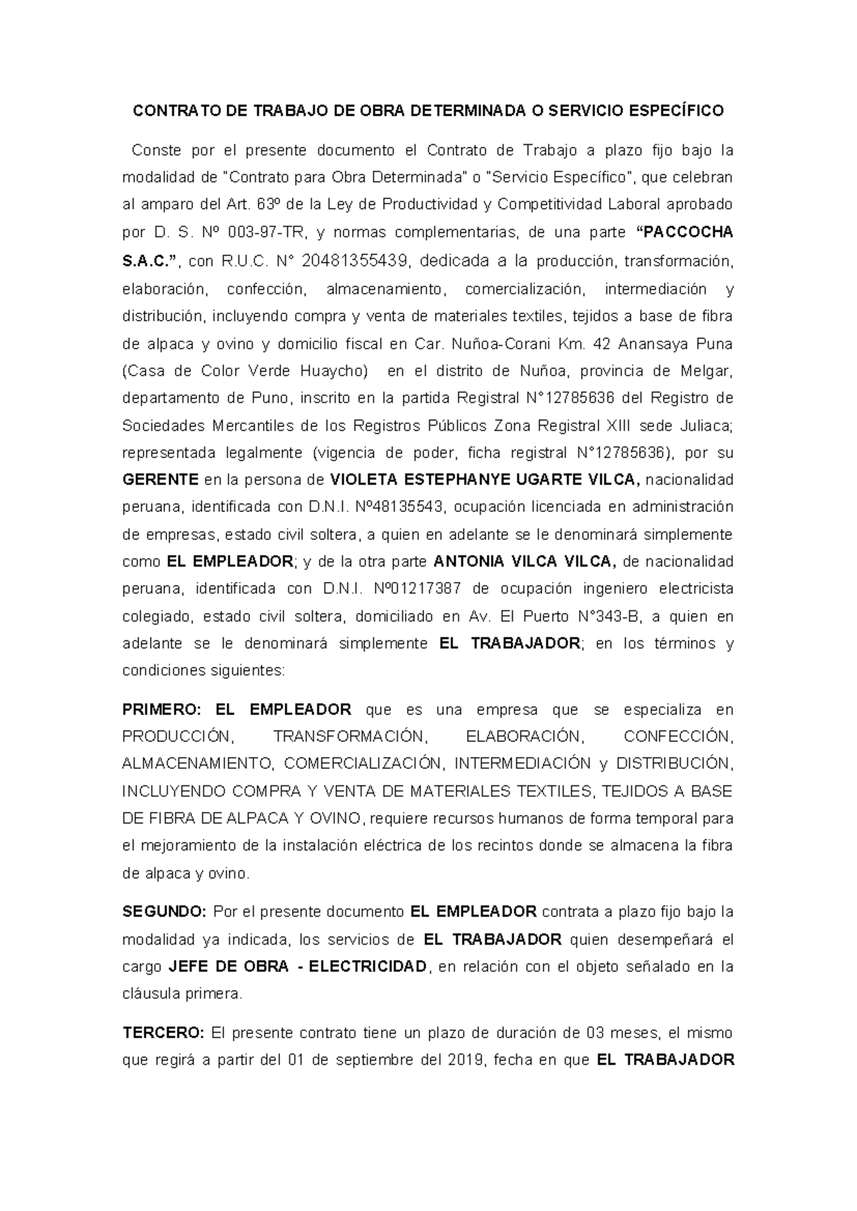 07.obra determinada o servicio específico - CONTRATO DE TRABAJO DE OBRA DETERMINADA O SERVICIO ...
